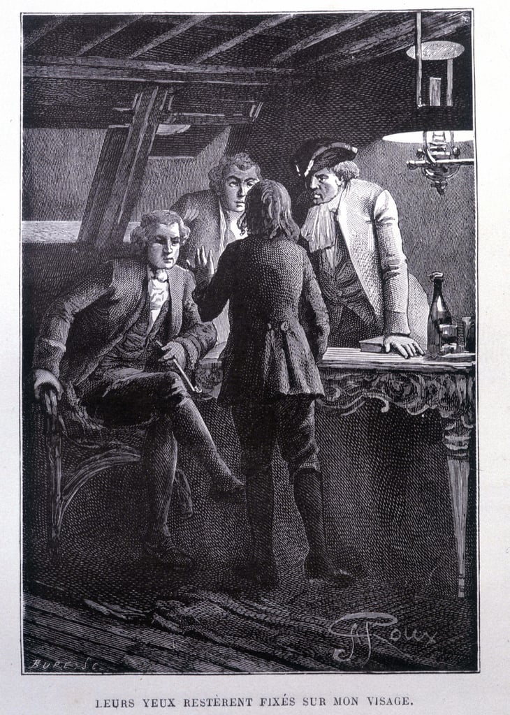 Historiescene på skipsplassen: unge Jim Hawkins foran Dr. Livesey og ...