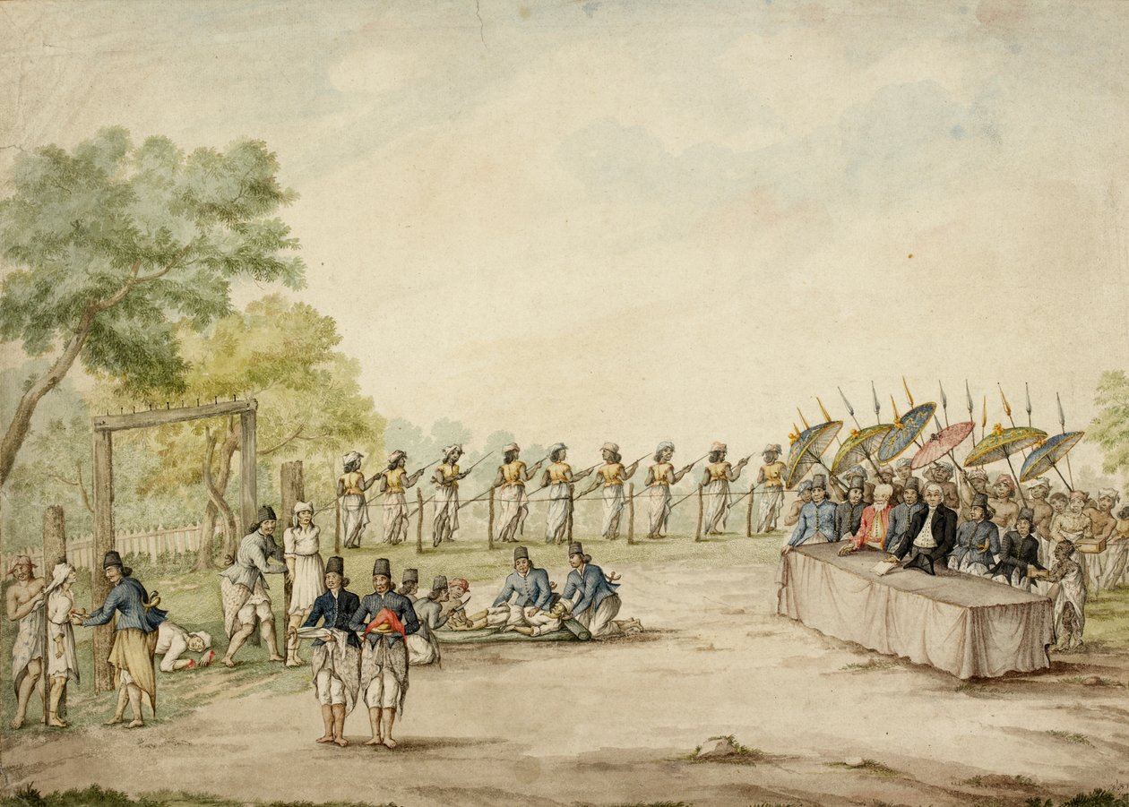 Nederlandsk dommer og javanske herskere som er vitne til henrettelse og lemlestelse av ...