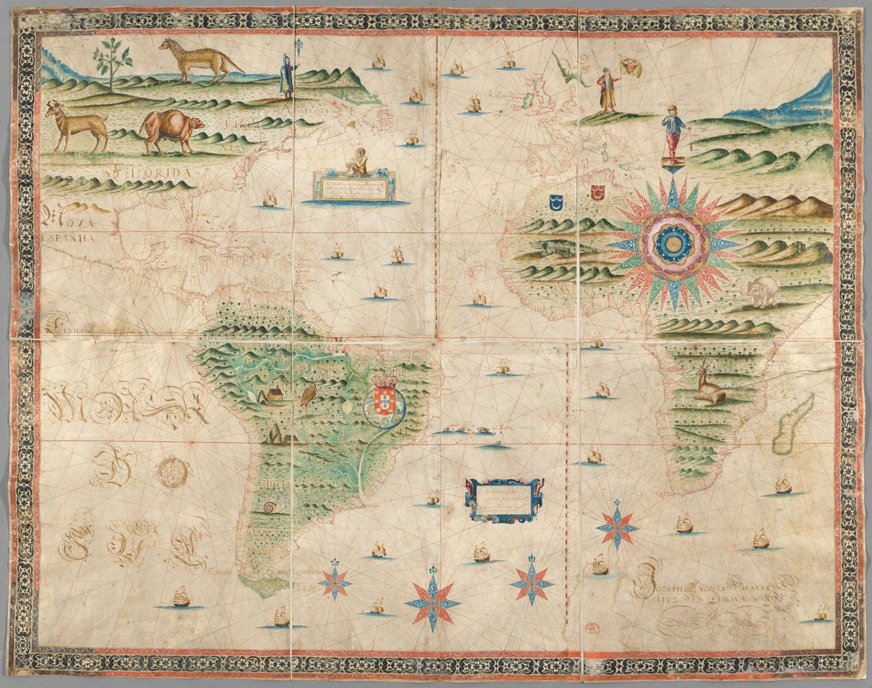 Kart over Vest-Europa, Afrika og Amerika, med tegninger av fjell, dyr ...
